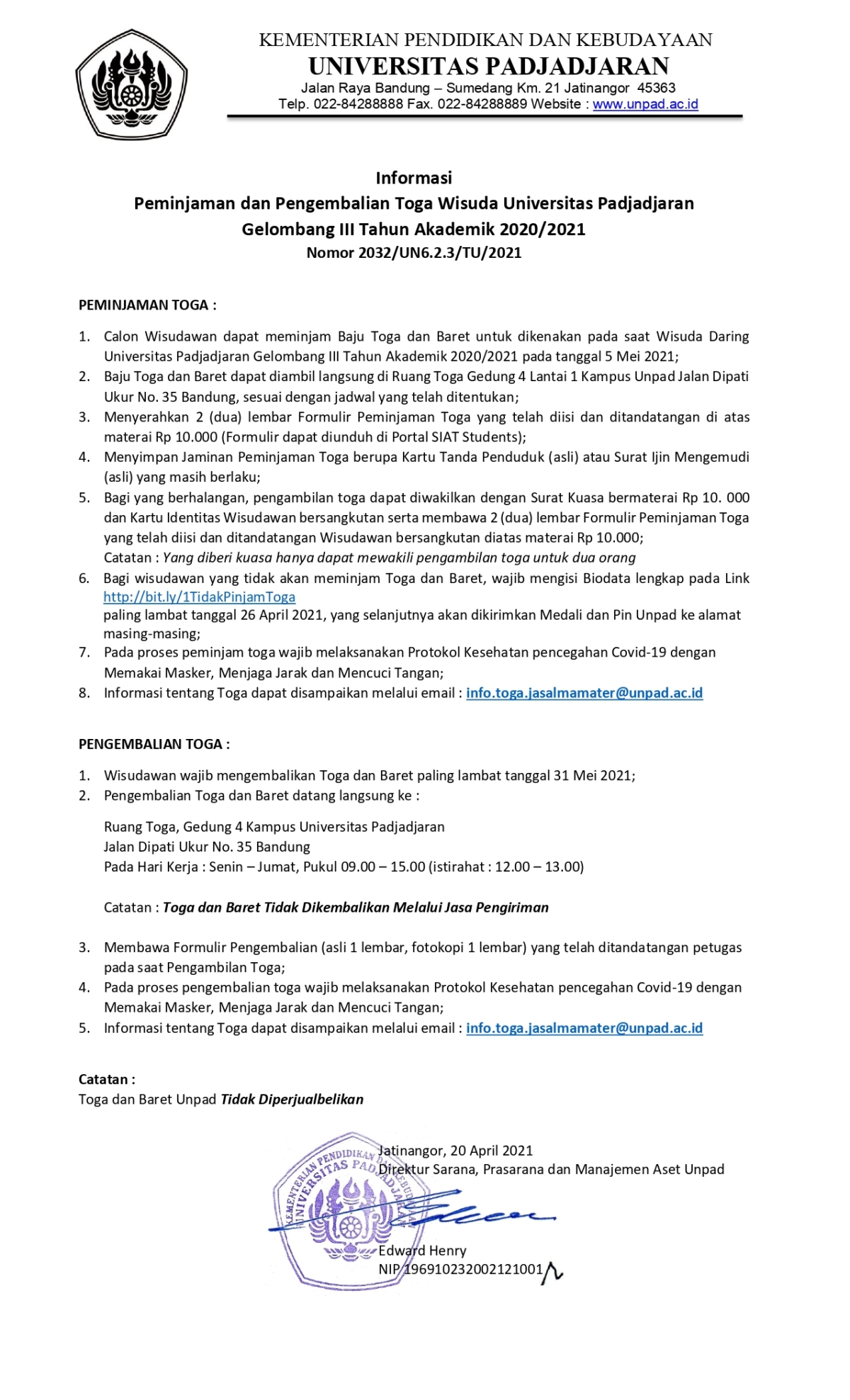 Informasi Peminjaman dan Pengembalian Toga Wisuda Unpad Gelombang III ...